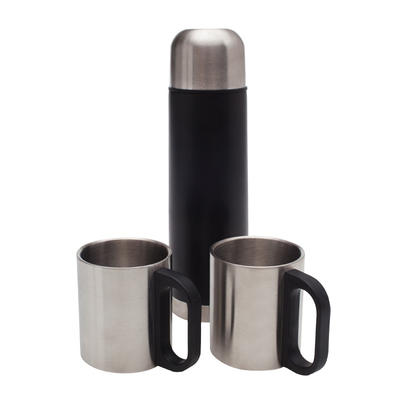 480 ml Picnic Mate vacuum flask & mugs set, black/silver | Promotional ...